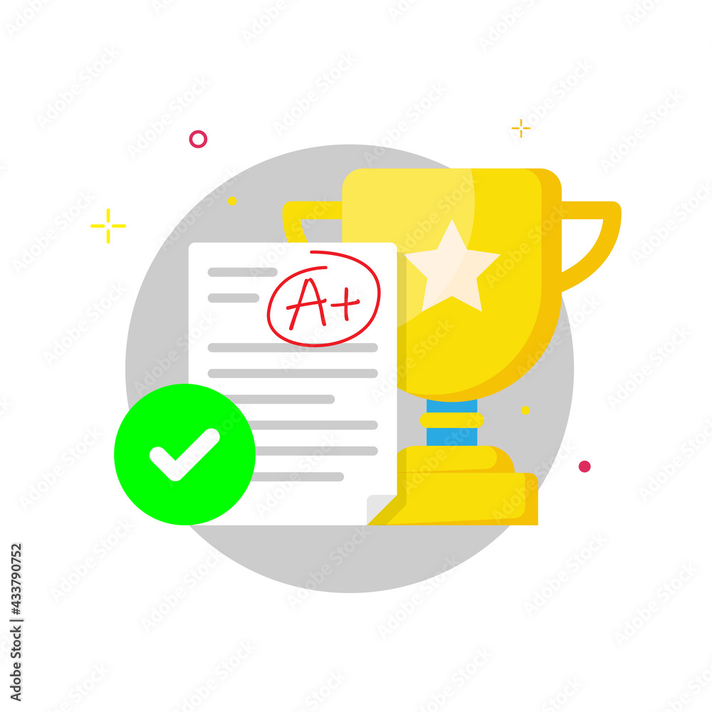 trophy and exam paper pass with good grade a plus sign concept ...