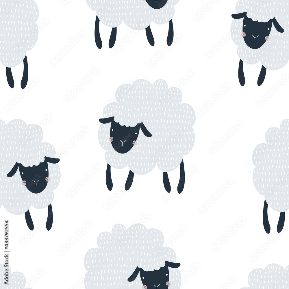 Seamless pattern with cute blue sheep on a white background. Vector ...