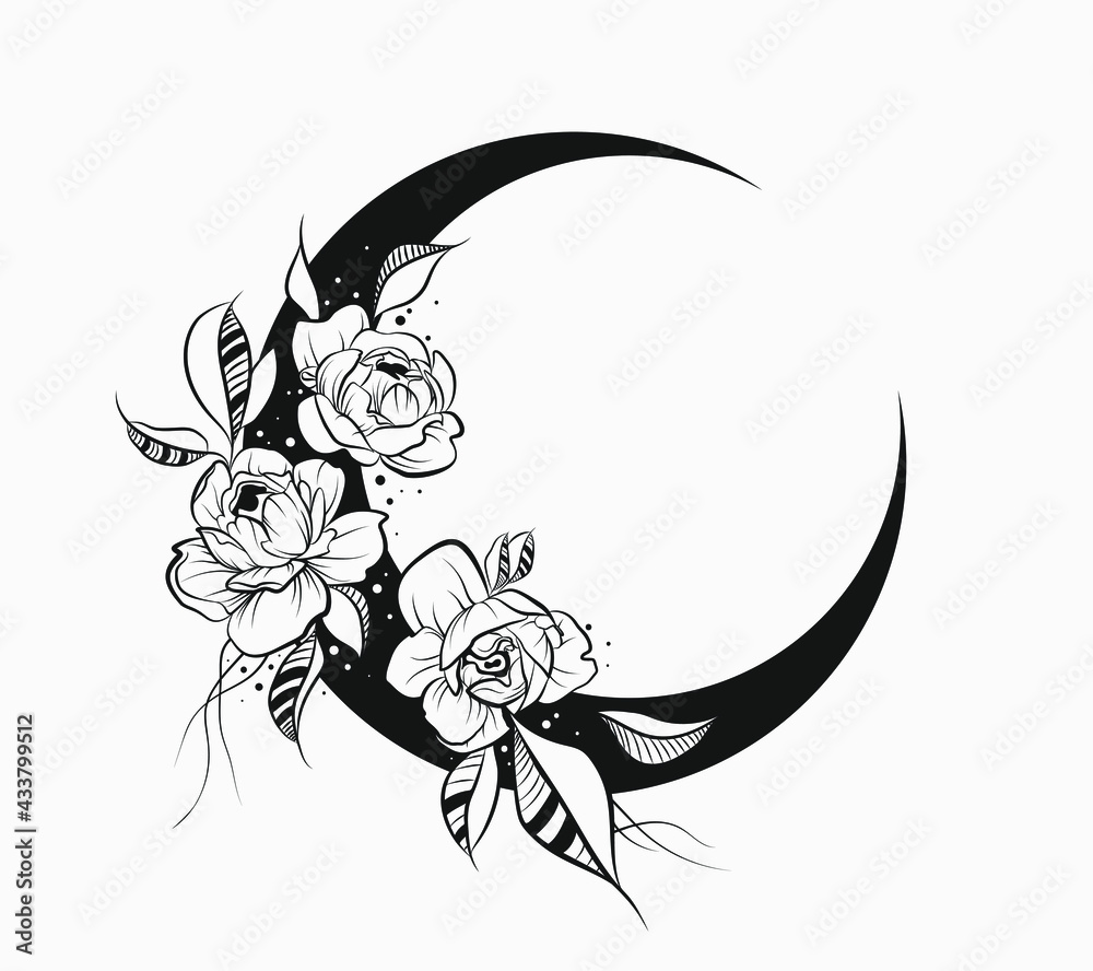 Flower moon, сelestial , crescent moon , floral clipart, tshirt design ...