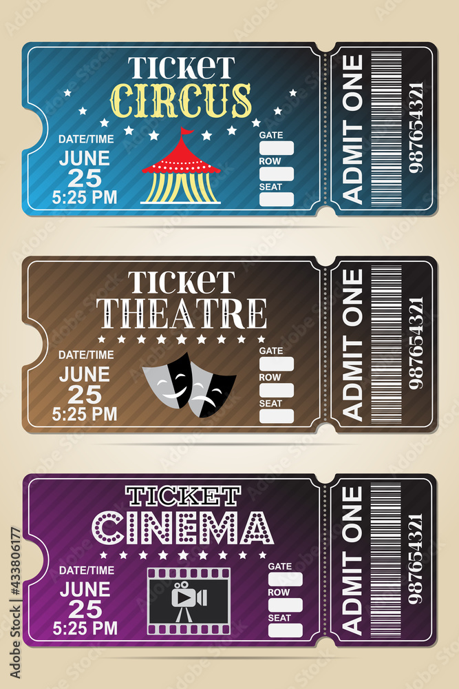 Vector set of modern paper tickets and take one sample icon. Cinema ...