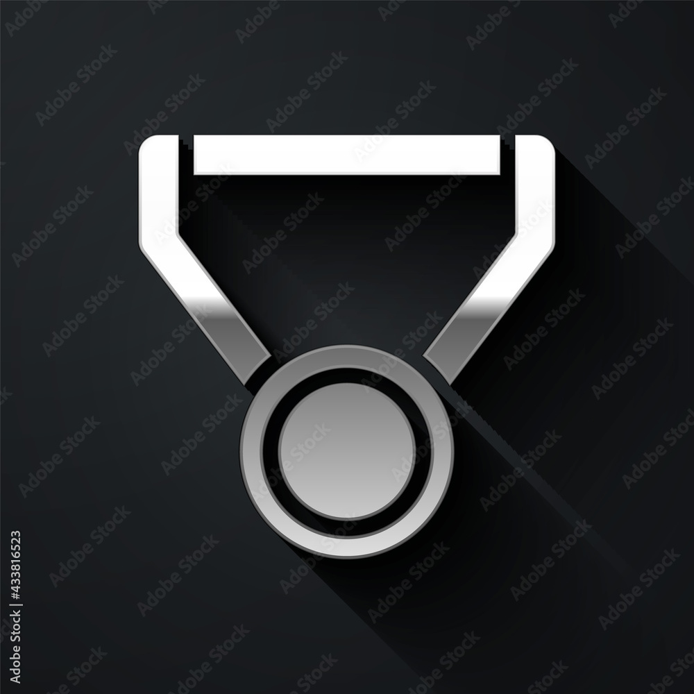 Silver Medal icon isolated on black background. Winner symbol. Long ...