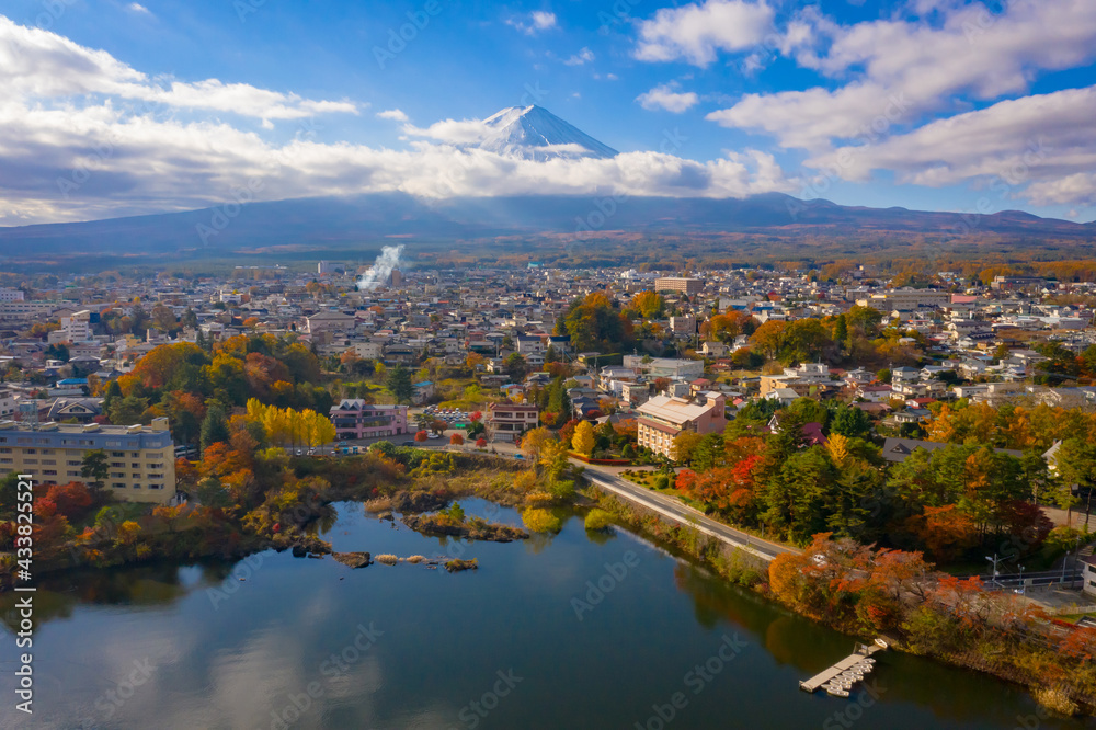 Fujikawaguchiko city in Japan. Fujiyama volcano view. Panorama with ...