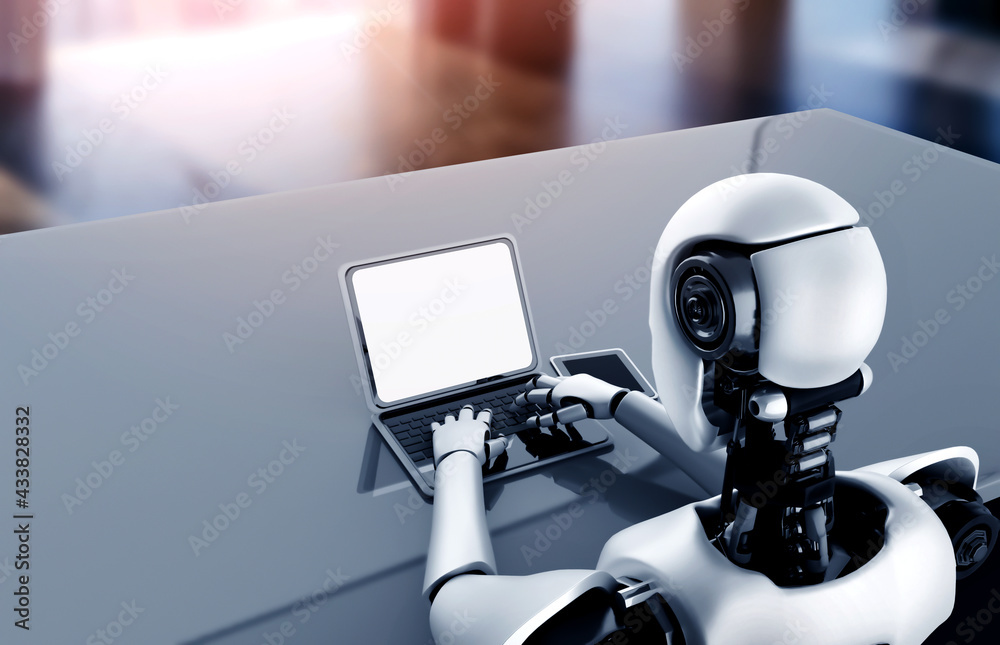 Robot humanoid use laptop and sit at table in future office while using ...