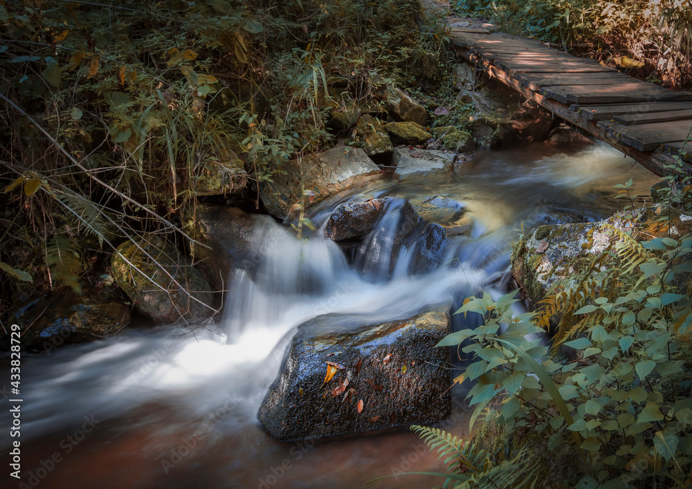 Waterfall in the forest with a small bridge crossing over Stock Photo ...