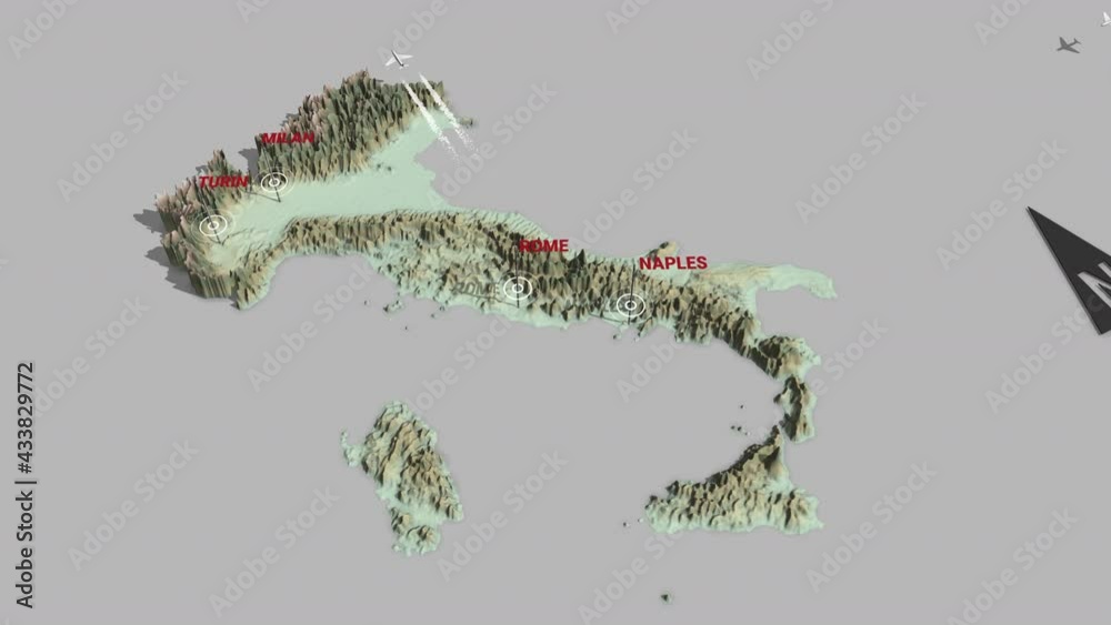 Seamless looping animation of the 3d terrain map of Italy with the ...