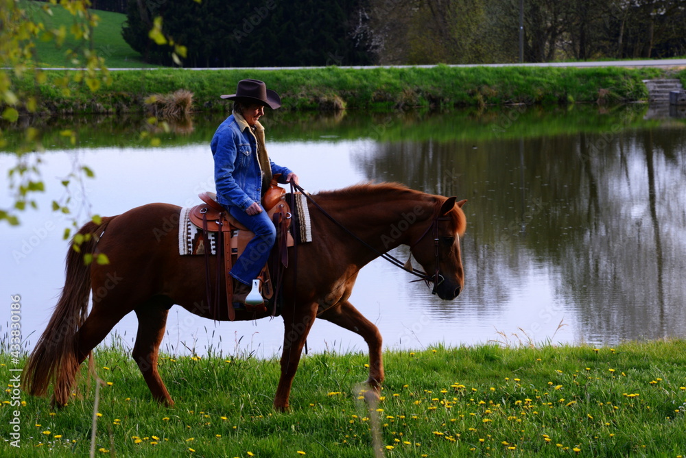 Ride on a wildeside. Frau auf Westernpferd im Abendlicht Stock Photo ...
