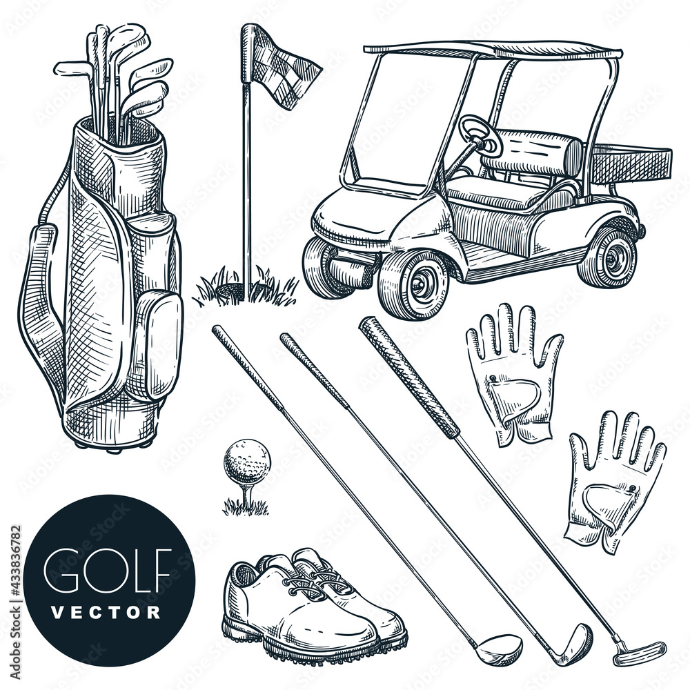 Golf club vector hand drawn icons and design elements set. Golf cart ...