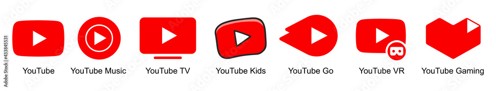 Kiev, Ukraine - May 15, 2021: Set Official logotypes of Youtube apps ...