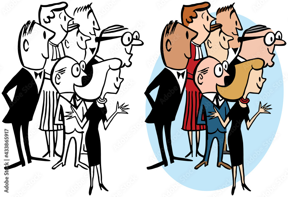 A vintage retro cartoon of a group of people all looking at something ...