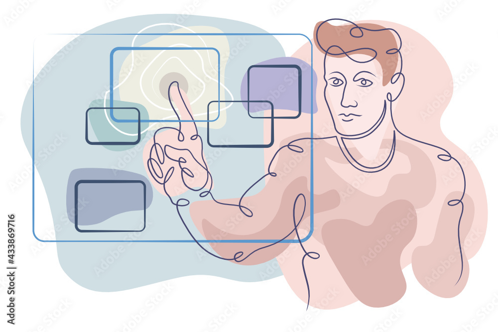 Programmer engineer IT specialist works on virtual screens. A man ...