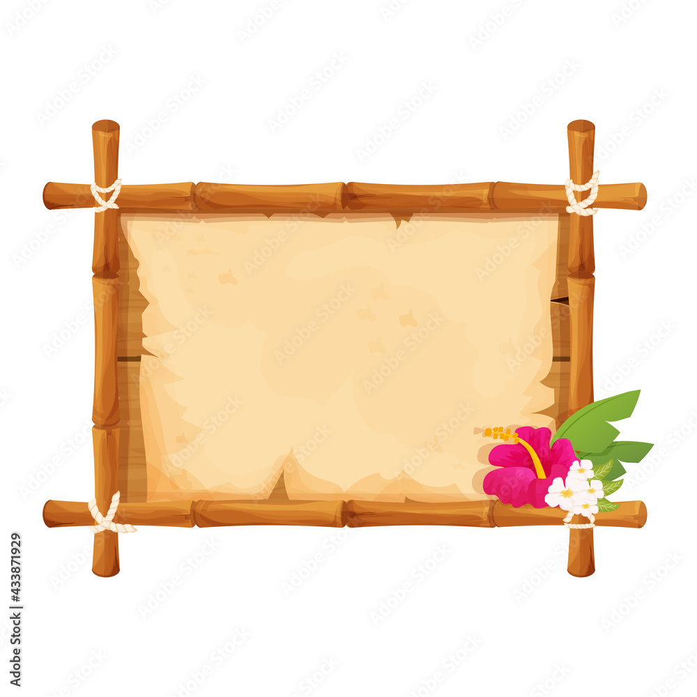 Hawaiian bamboo wooden frame with parchment and tropical flowers in ...