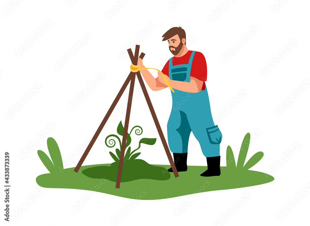 Planting. Cartoon man working in garden. Agricultural worker building ...