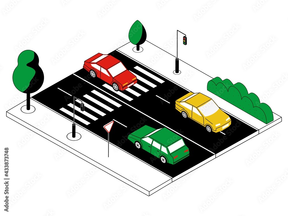 Isometric automobile traffic. Cartoon city road. Cars moving in ...