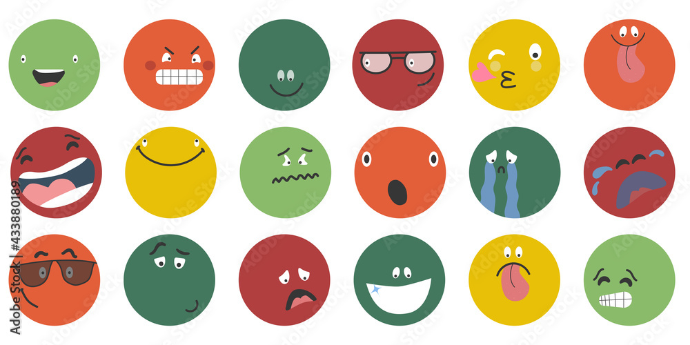 Round abstract comic Faces with various Emotions. Different colorful ...