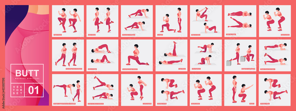 Buttocks fat burning workout Set. Women doing fitness and yoga ...