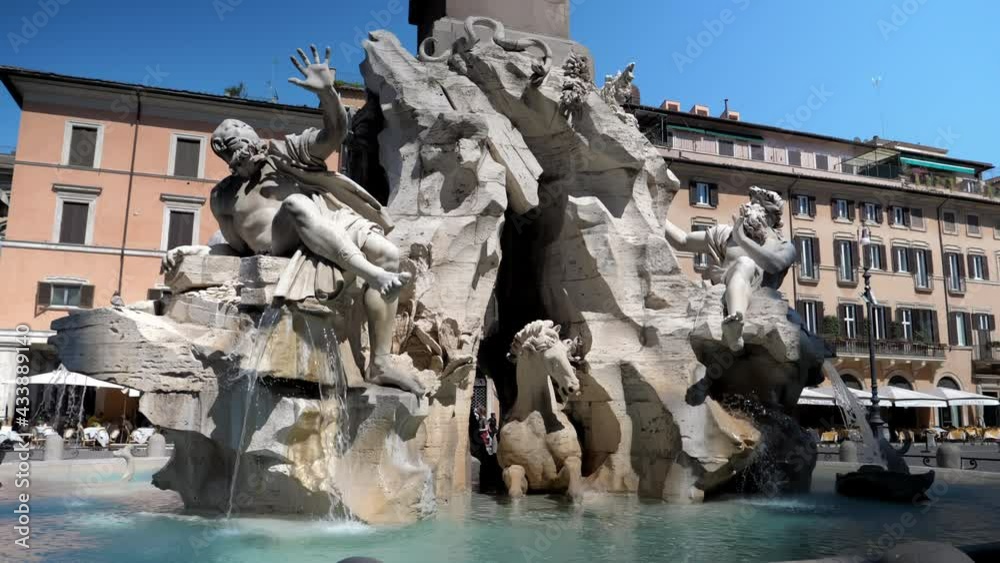 Panoramic view of the Fountain of four rivers, located on Piazza Navona ...