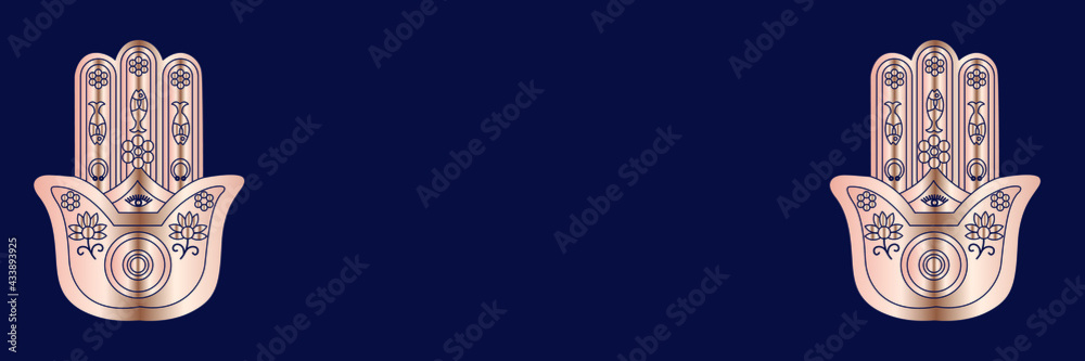 Fatima's palm in gold color. Banner in oriental style in blue. The ...
