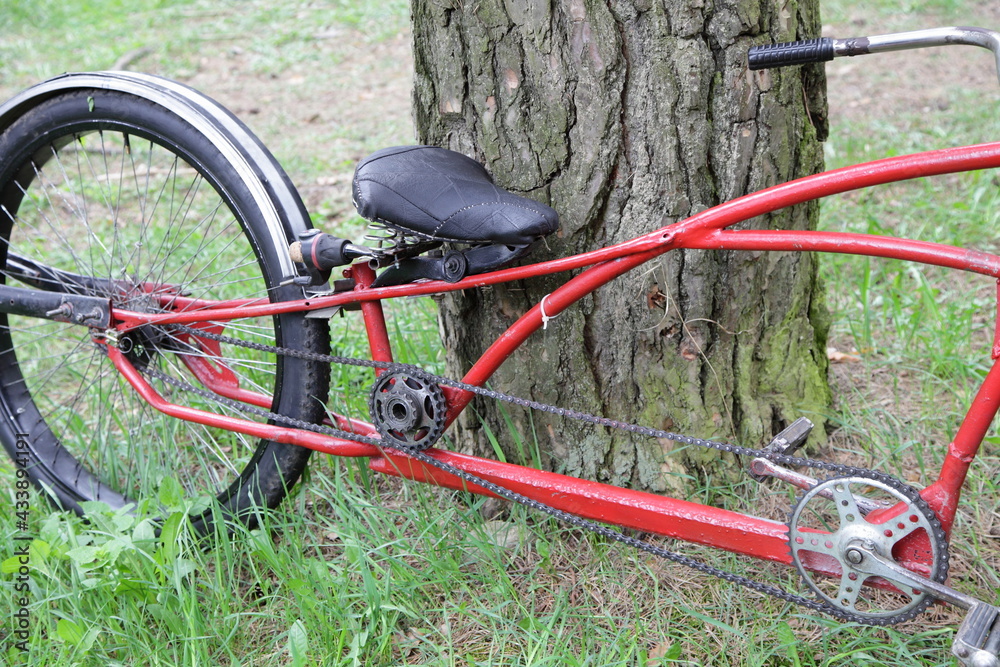 Old red custom bicycle with internal star pedal chain gear single speed ...