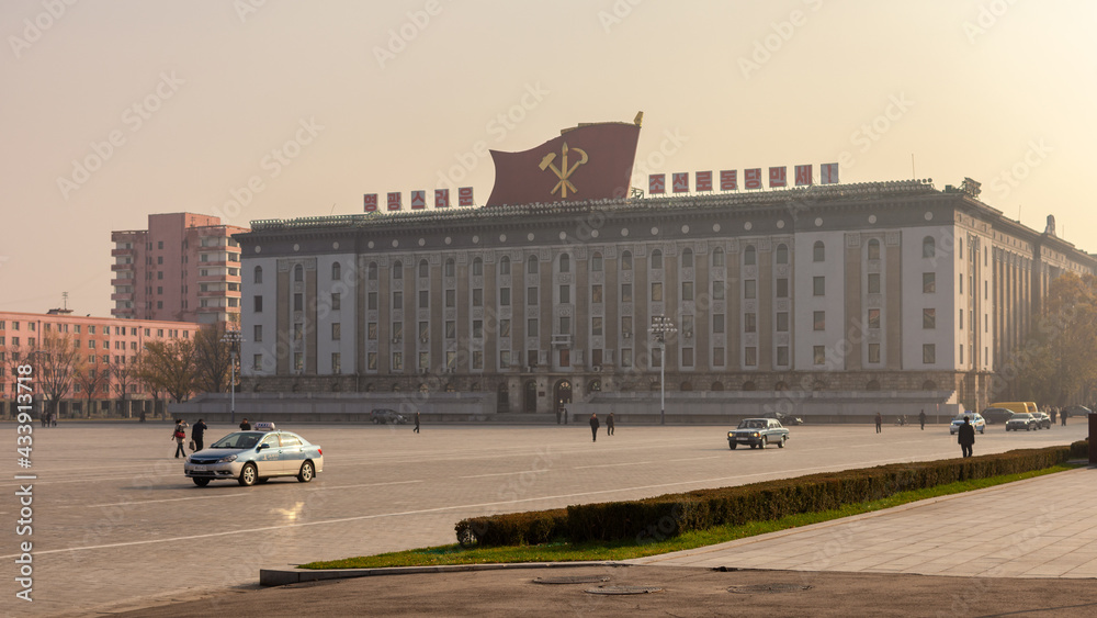 Kim Il-sung Square and government buildings decorated with flags and ...
