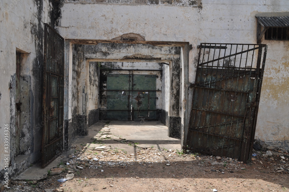 Gate of an abandoned prison in the former Ussher Fort in Accra, Ghana ...