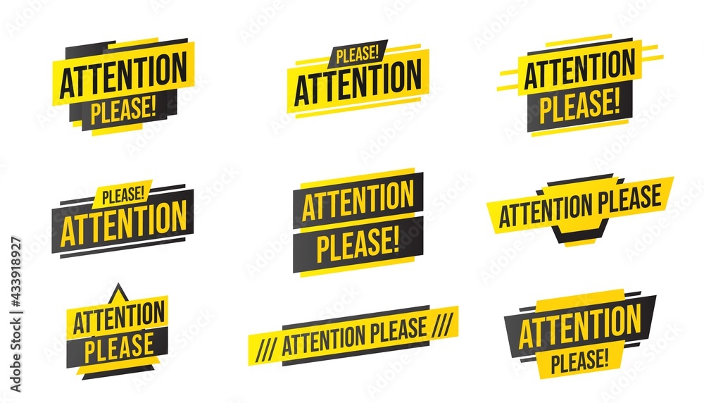 Attention please sticker set. Design element with important information ...