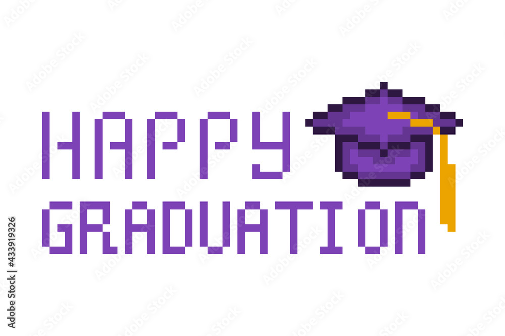 8 bit Happy graduation print. Pixel art square academic cap icon ...