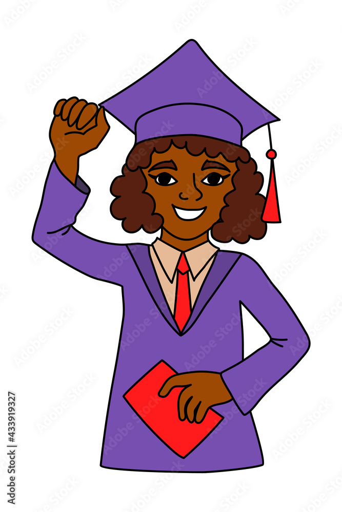 Happy smiling black graduate girl with rised hand wearing academic ...