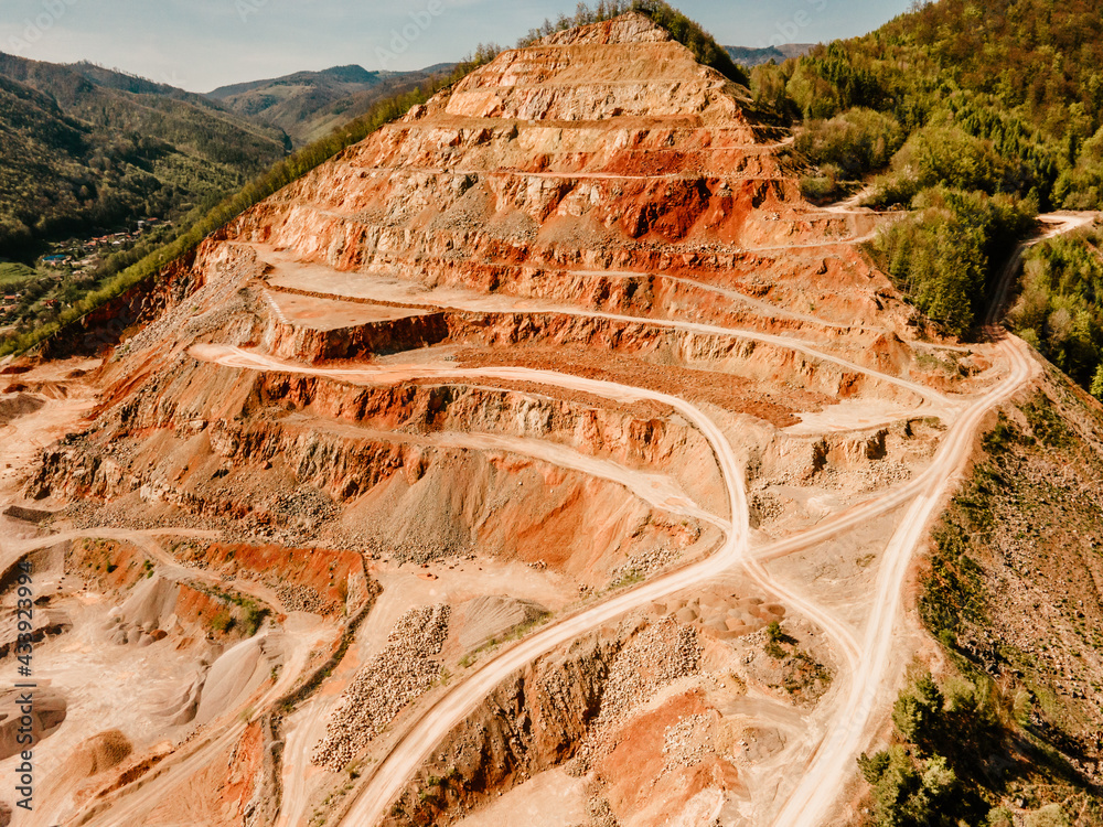 Open pit mine, aerial view. Bottom of surface mining and machinery in ...