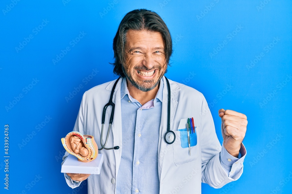 Middle age handsome gynecologist man holding anatomical model of female ...