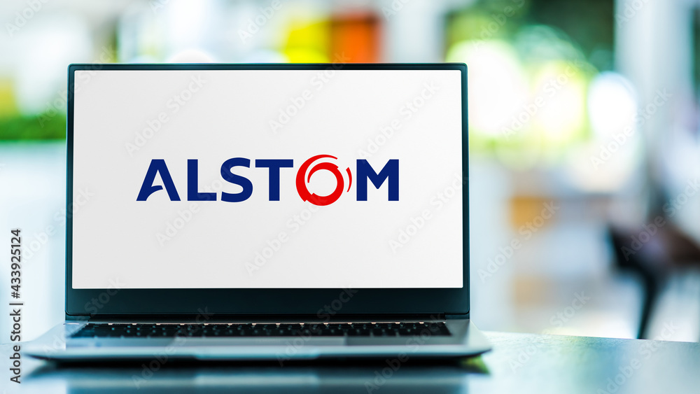 Laptop computer displaying logo of Alstom Stock Photo | Adobe Stock
