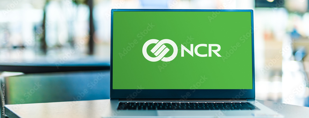 Laptop computer displaying logo of NCR Corporation Stock Photo | Adobe ...