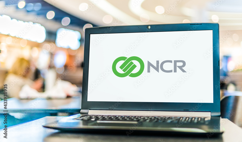 Laptop computer displaying logo of NCR Corporation Stock Photo | Adobe ...