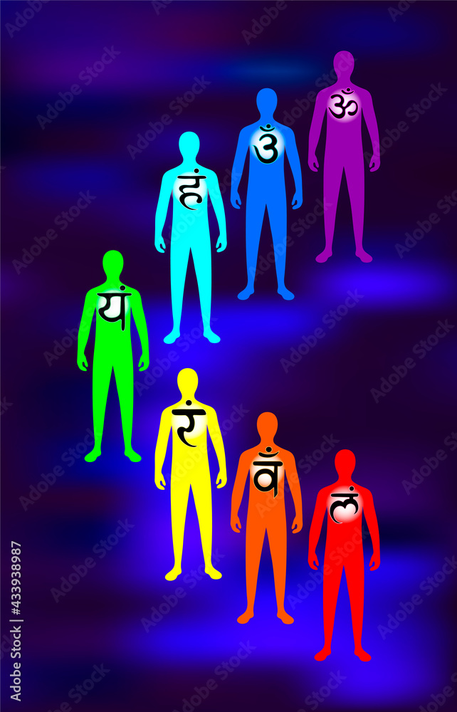 Aura, the chakra system. Spiritual growth of a person. The silhouette ...