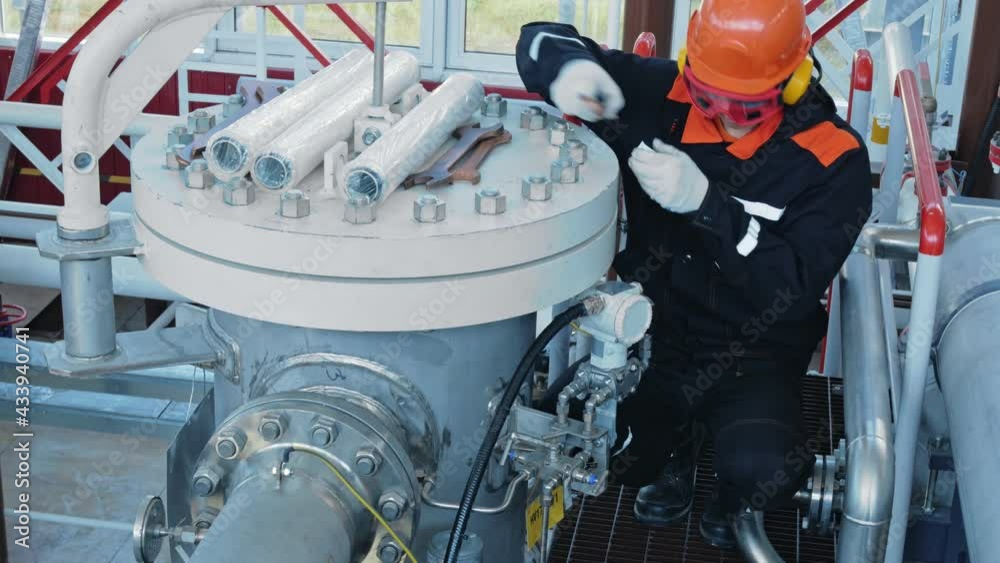 A mechanic prepares copper wrenches for replacement with gas filter ...