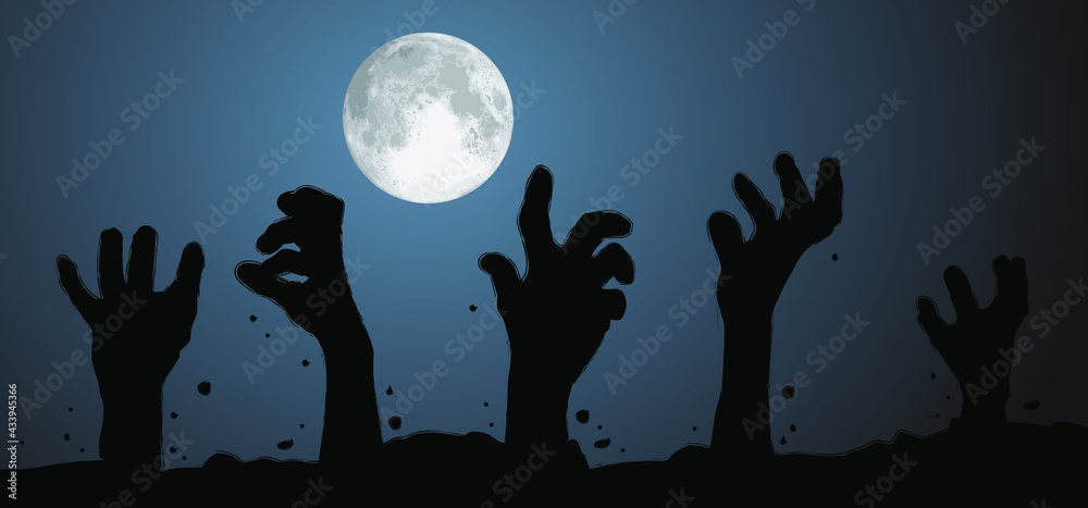 Rise of zombies hand from the ground to yhe moon. Hands on other layer ...