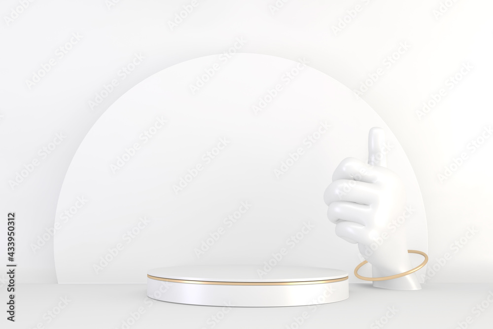 The white hand that is raising the pallet for the product display.3D ...