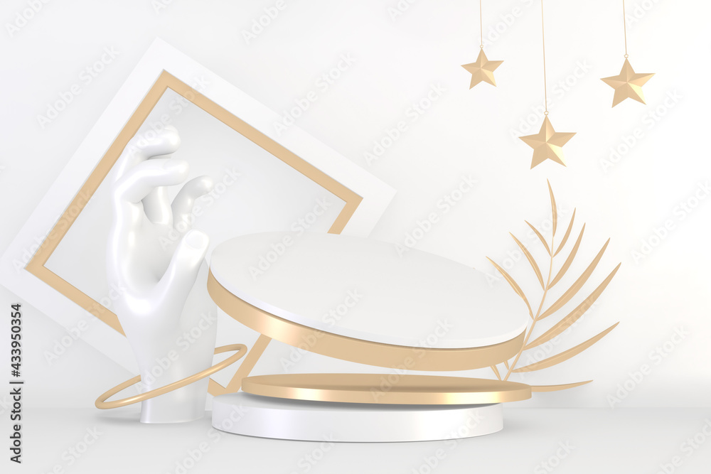 The white hand that is raising the pallet for the product display.3D ...