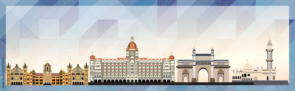 Mumbai skyline vector colorful poster on beautiful triangular texture ...