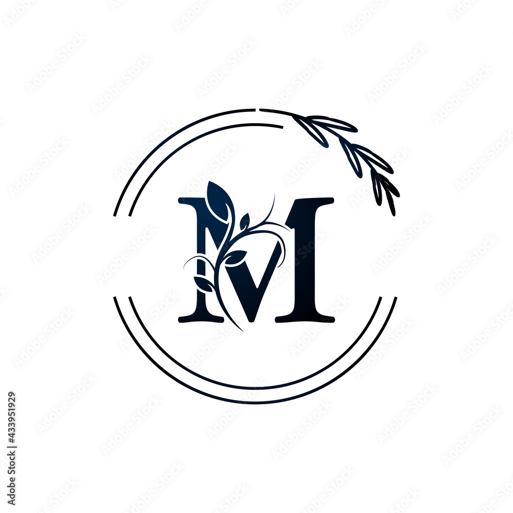Initial Letter M Botanical Flowers with lettering circle hand drawn ...