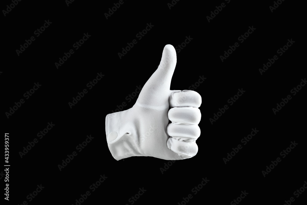 Human hand, hand in white glove isolated on black background, showing ...
