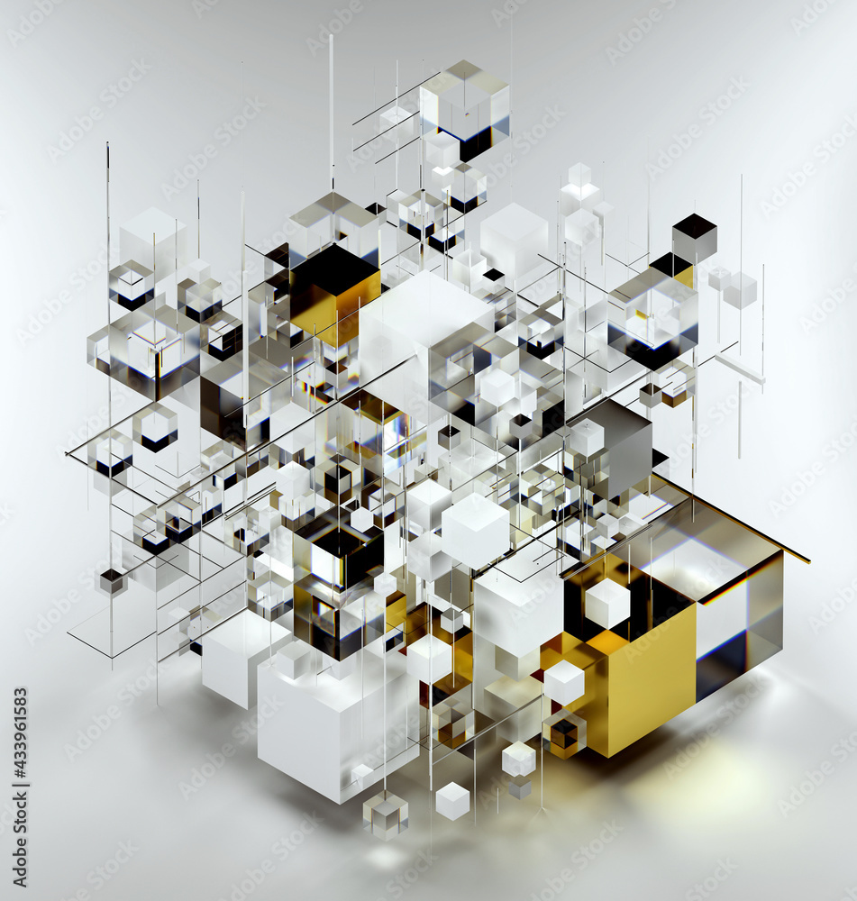 3d render of abstract art 3d composition with surreal industrial build construction in cubical ...