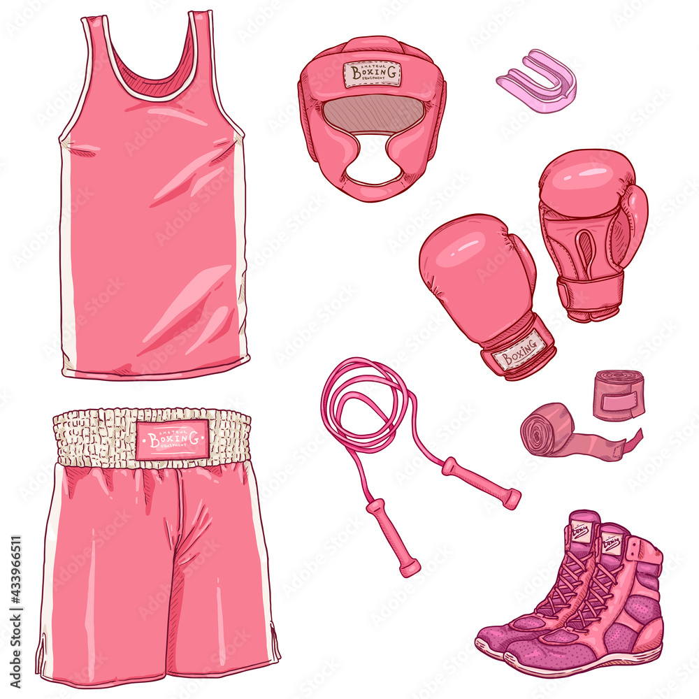 Vector Set of Cartoon Boxing Equipment. Helmet, Uniform, Gloves, Hand ...