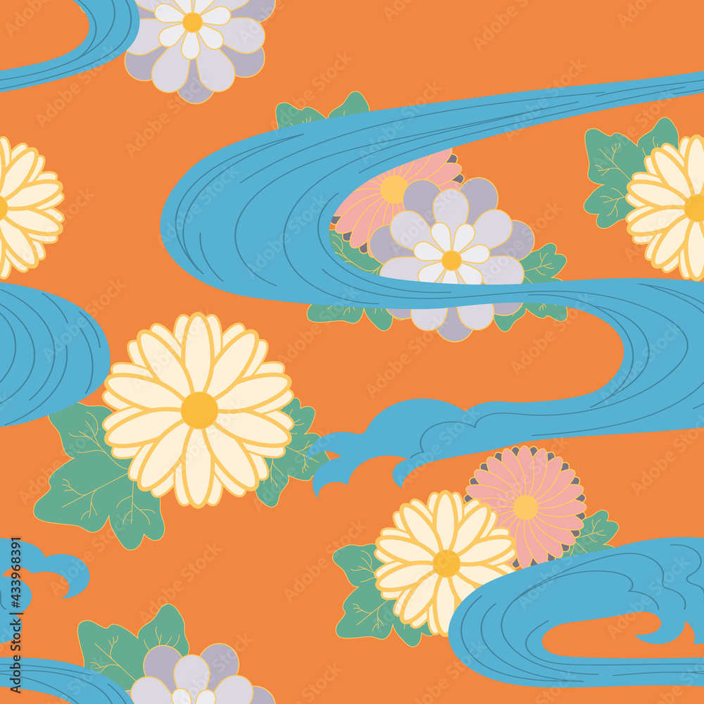 Japanese pattern. Traditional floral motif, waves. Design for prints ...