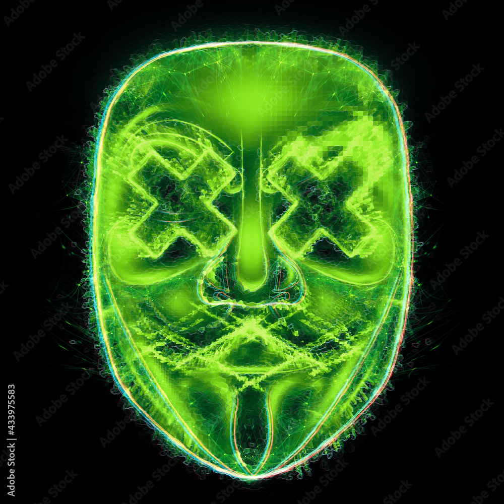 Hologram digital mask with crosses on the eyes on a black background ...