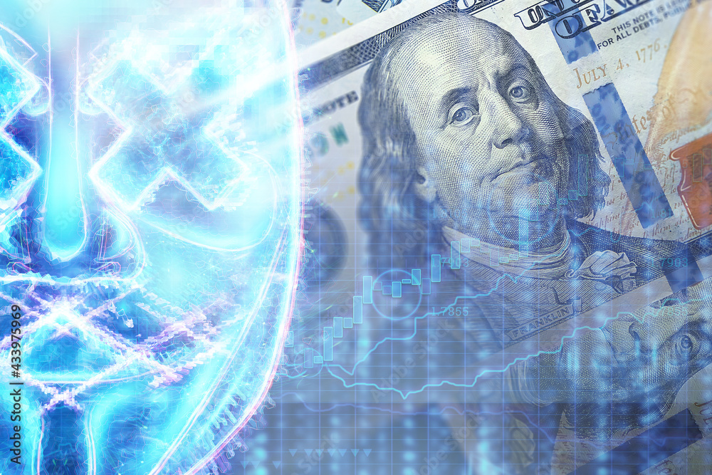 Hologram digital mask of a hacker on the background of dollars, identity theft. Concept of ...