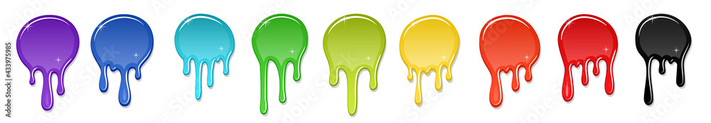 Drip paint spot 3D set isolated white background. Rainbow blob ink ...