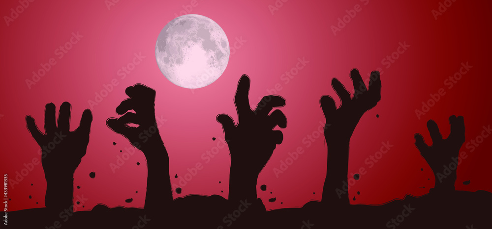 Rise of zombies hand from the ground to yhe moon. Hands on other layer ...
