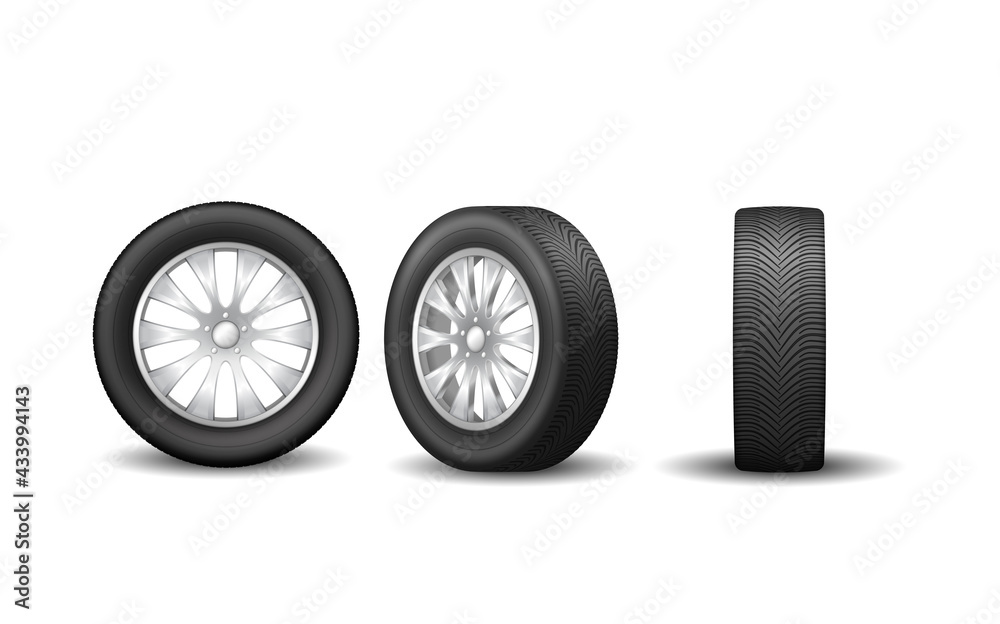 Auto rim wheel set, side and front view. Modern rubber tires and ...