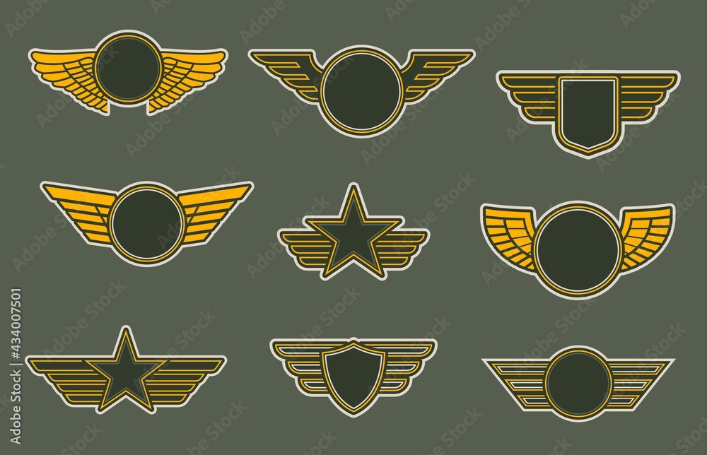 Army patches with wings, heraldic icons, vector winged insignia or ...