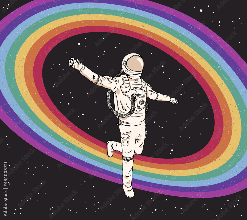 Astronaut in spacesuit. Flying cosmonaut. Abstract rainbow in space ...